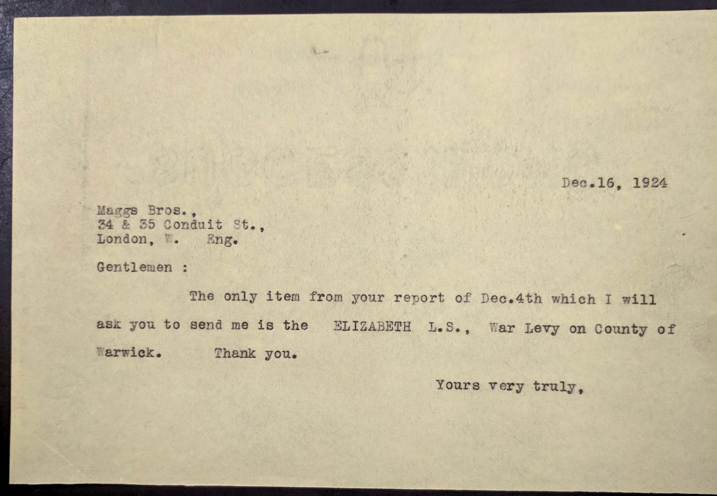 HCF letter to Maggs Bros Dec 16 1924 | Folger Shakespeare Library